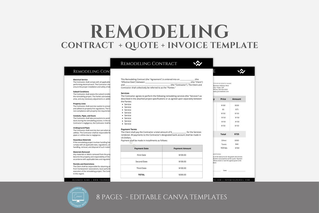 Editable Home Remodeling Contract Template, Professional House ...