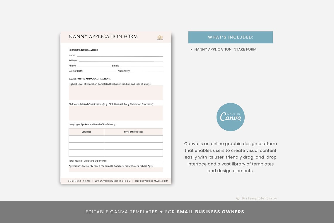 Nanny Agency Nanny Application Intake Form Template, Editable Nanny ...