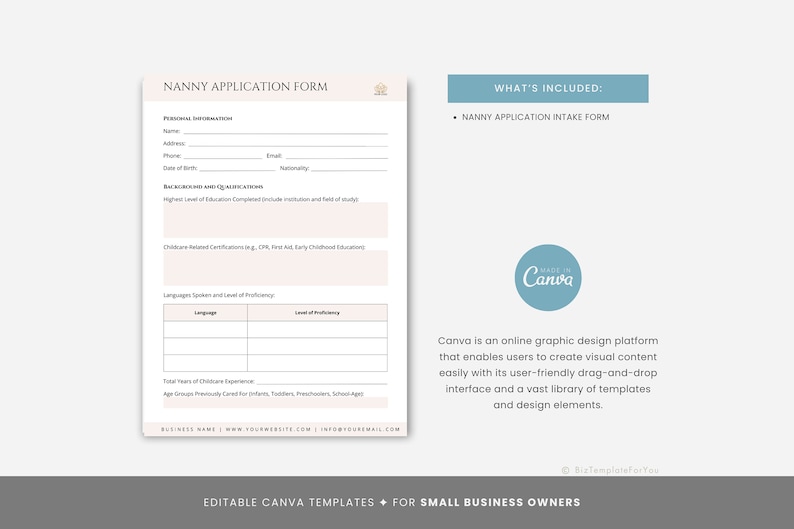 Nanny Agency Nanny Application Intake Form Template, Editable Nanny ...
