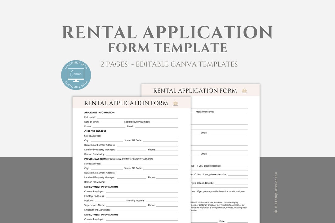 Editable Rental Application Form Template, Tenant Application Form, Rental Screening Form, Lease ...