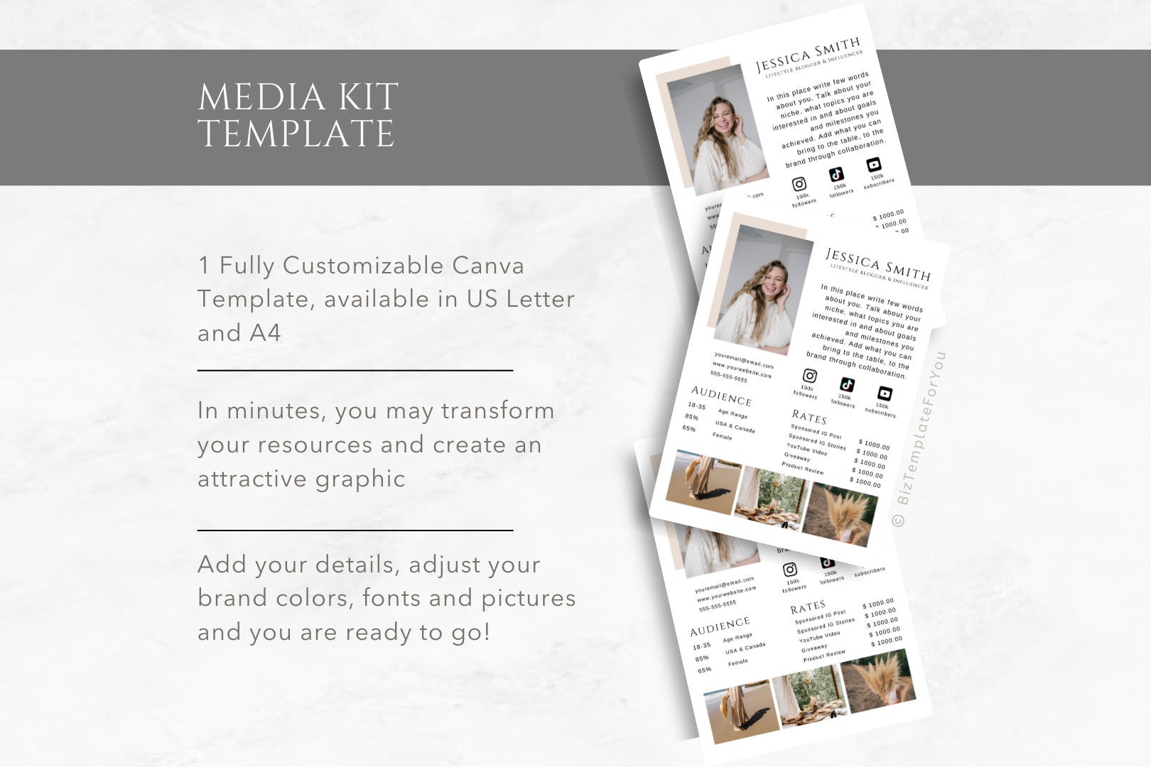 1 Page Media Kit Template, Editable Influencer Media Kit, Influencer ...