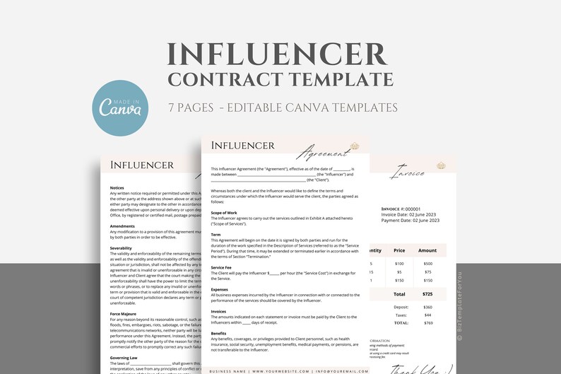 Editable Influencer Contract Template, Influencer Service Agreement ...