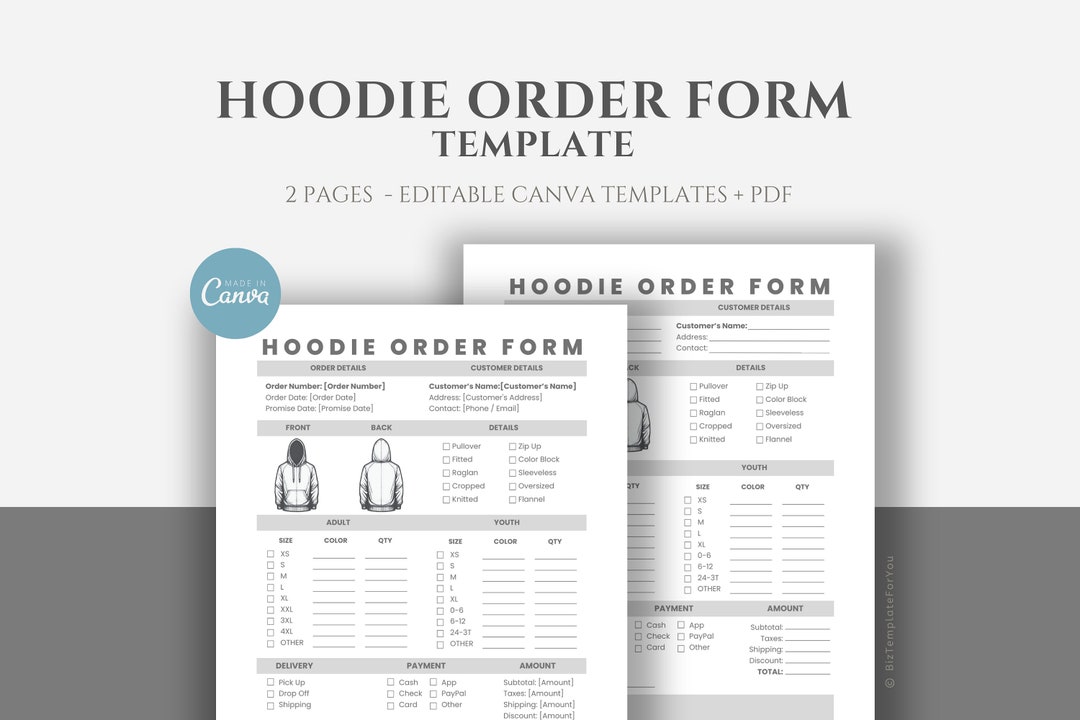Editable Hoodie Order Form Template, Printable Hoodie Order Form ...