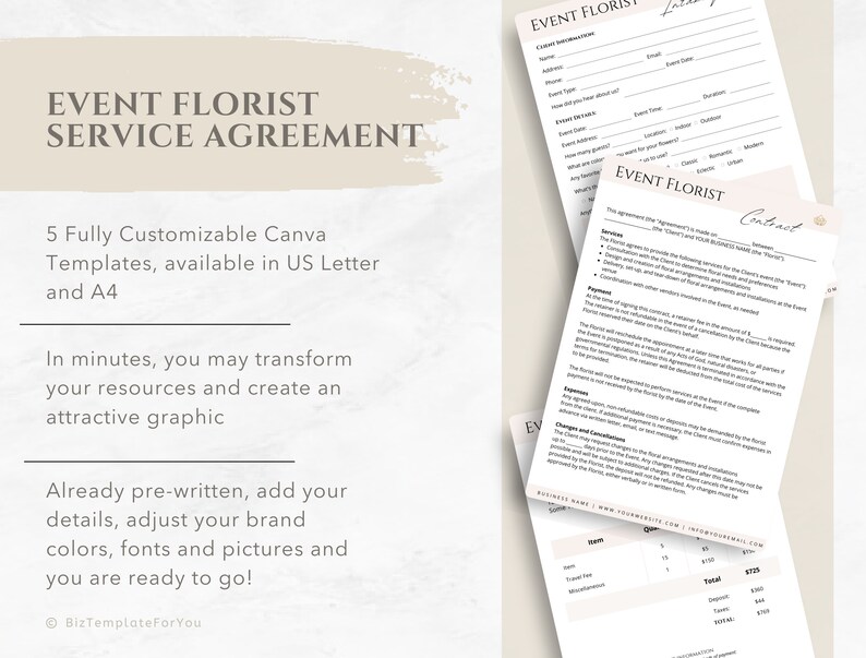 Editable Event Florist Contract Template Flower Arrangements - Etsy