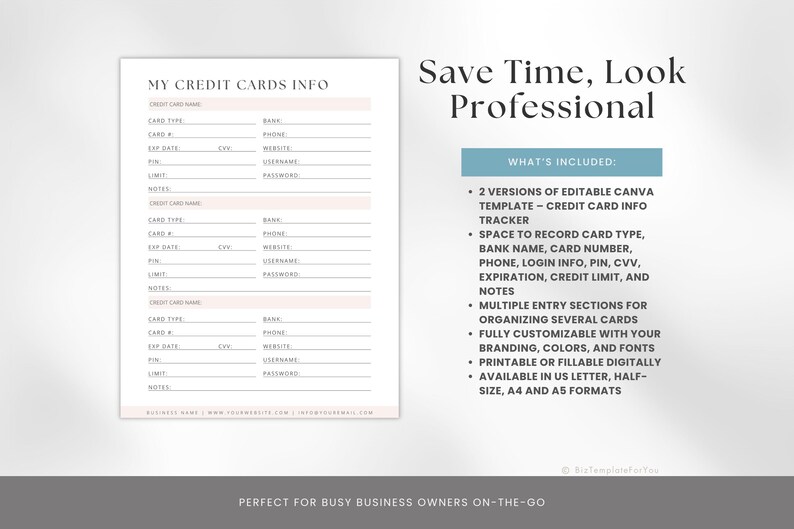 Credit Card Info Tracker, Editable Canva Template, Digital Credit Card ...