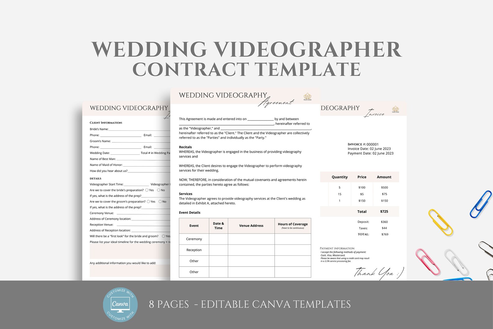 Editable Wedding Videography Contract Template, Incl. Intake Form and Invoice, Canva Template ...