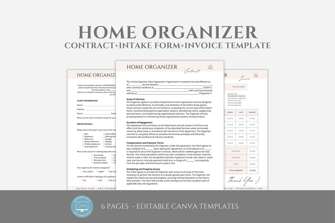 Editable Home Organizer Client Agreement, Client Intake Form ...