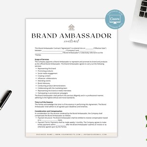 Editable Brand Ambassador Contract Template, Social Media Influencer ...
