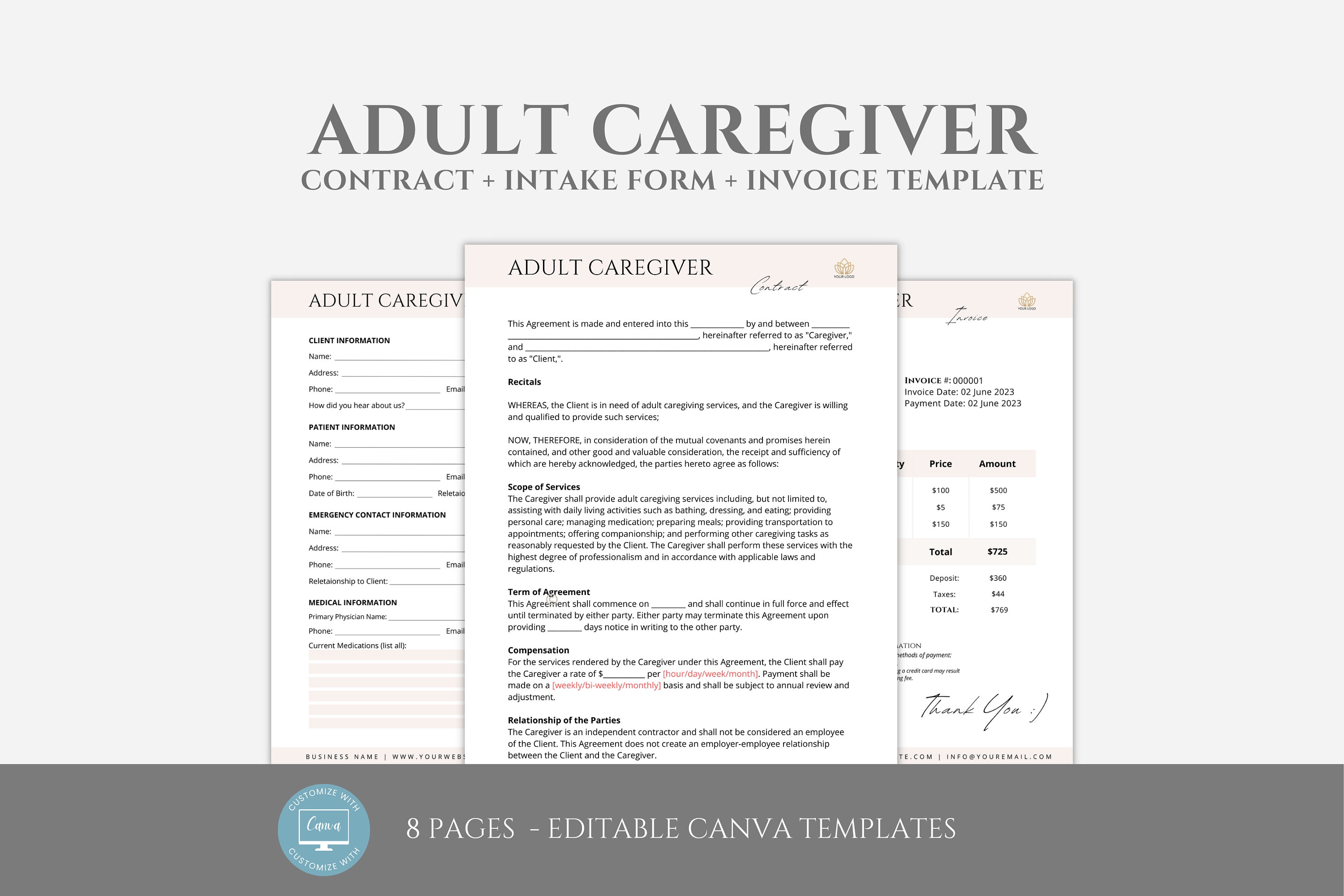 Editable Adult Caregiver Contract Template, Home Care Service Agreement ...