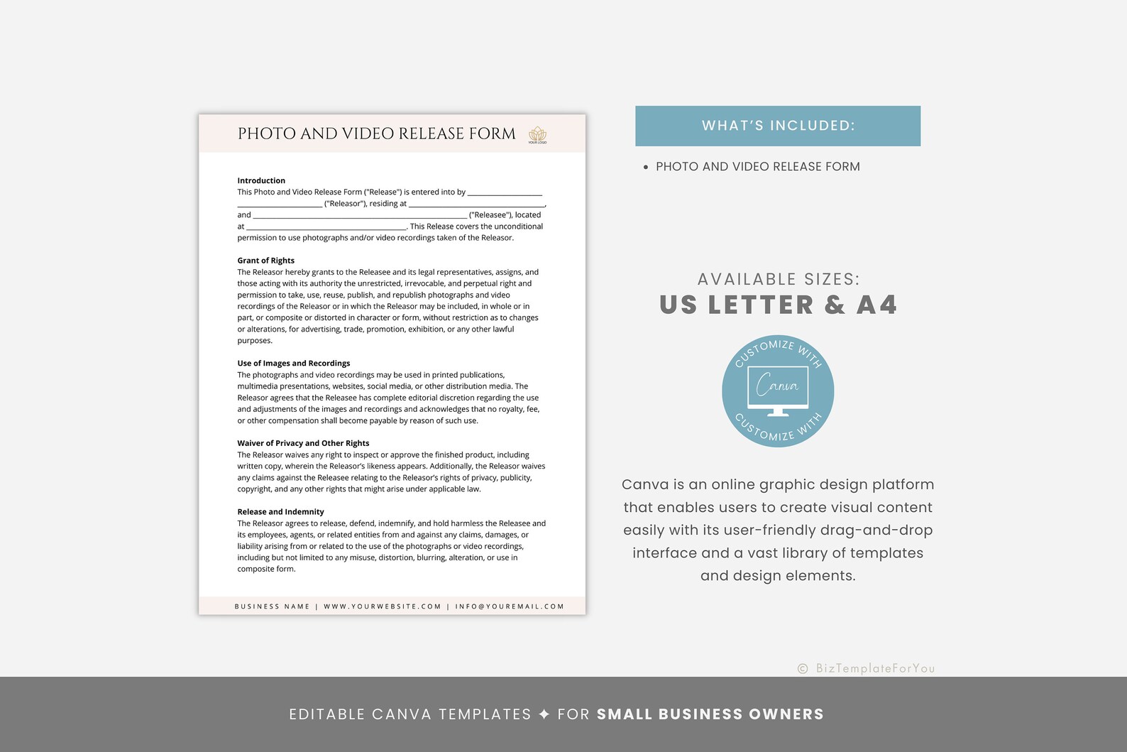 Editable Photo and Video Release Form Template, Photo Release for ...