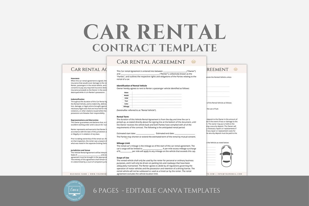 Editable Car Rental Service Agreement, Vehicle Rental Contract Template ...