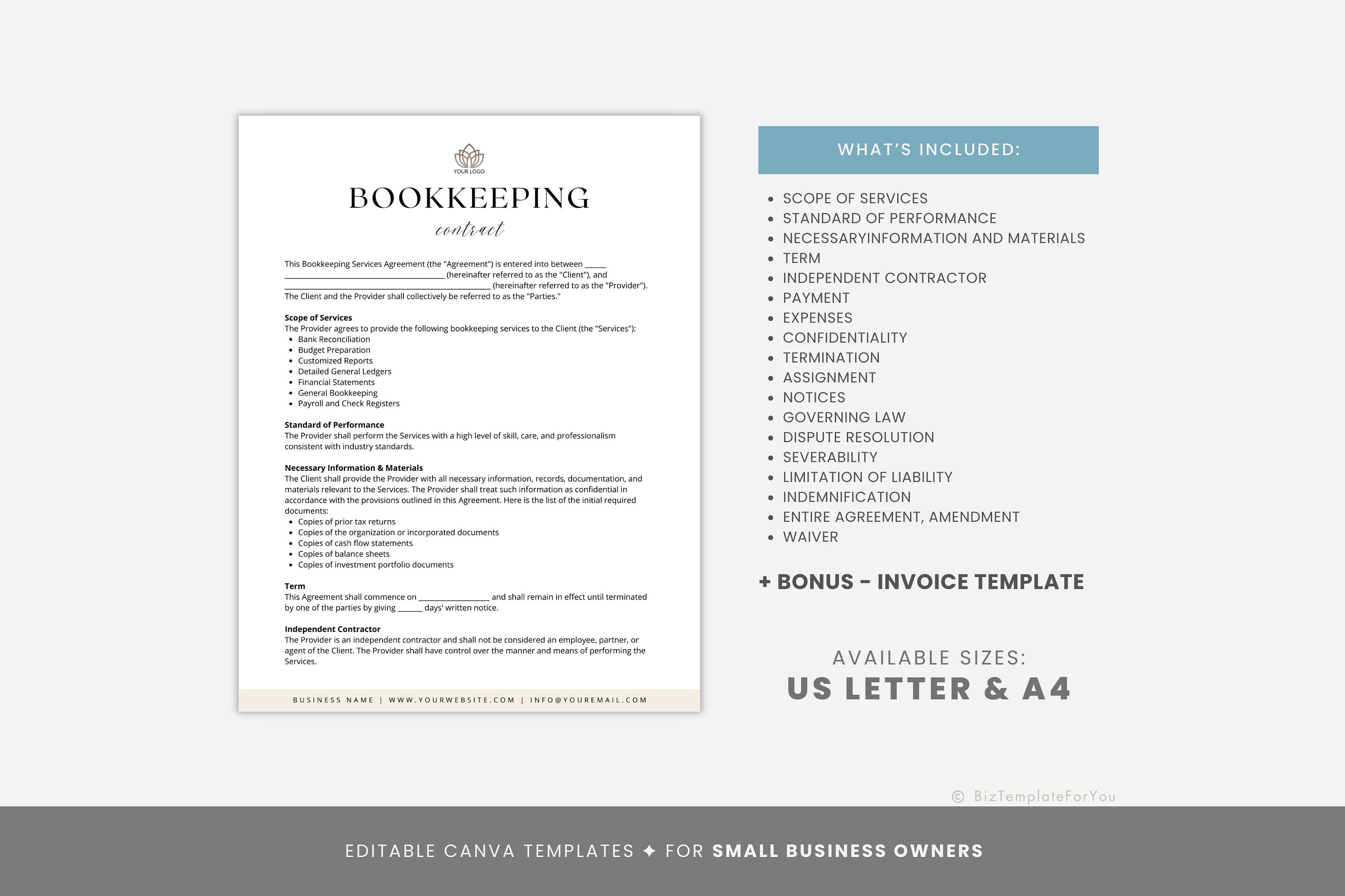 Editable Bookkeeping Services Agreement Template, Freelance Bookkeeper ...