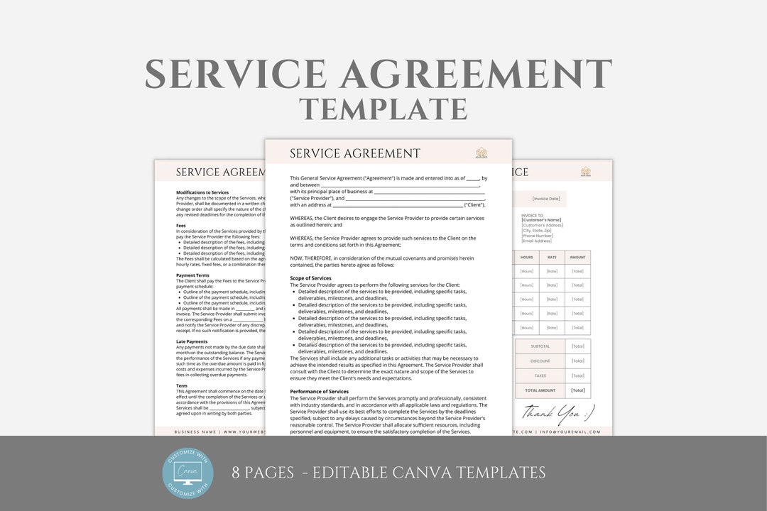 Editable Service Agreement Template, General Service Contract, Service ...