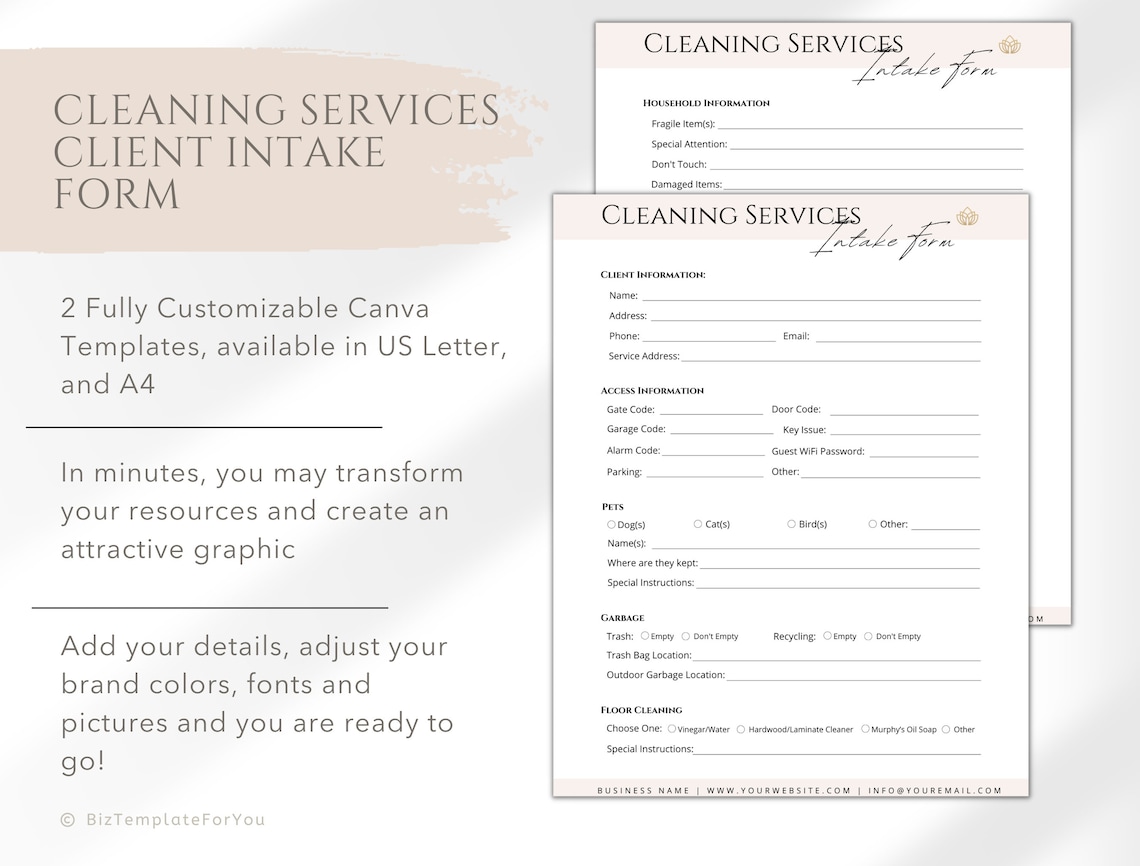 Cleaning Services Client Intake Form Editable Residential and - Etsy