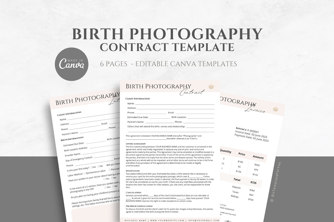 Editable Birth Photographer Contract Template Bundle, Including Intake ...