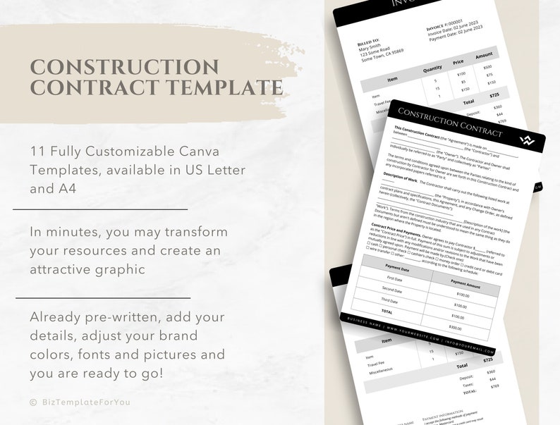 Editable Construction Contract Template Professional - Etsy