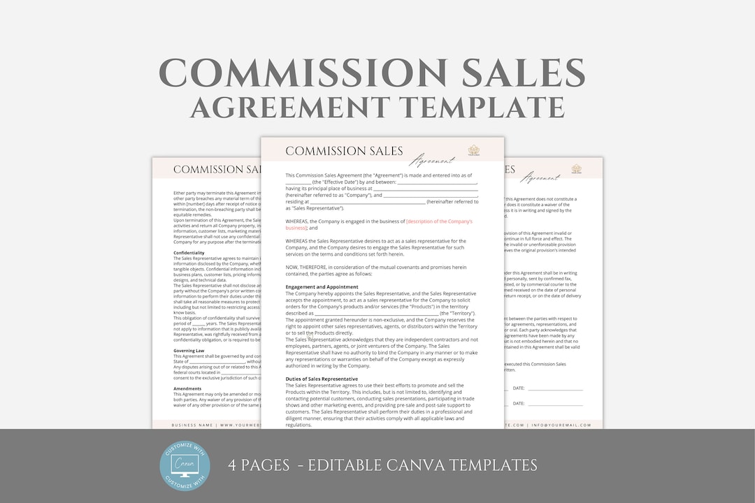 Editable Commission Sales Agreement Template, Commission Contract Form ...