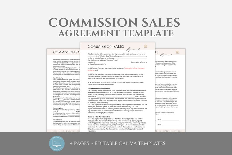 Editable Commission Sales Agreement Template, Commission Contract Form ...
