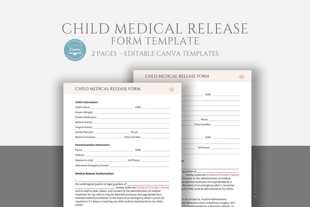 Editable Child Medical Release Form for Childcare Service Providers ...