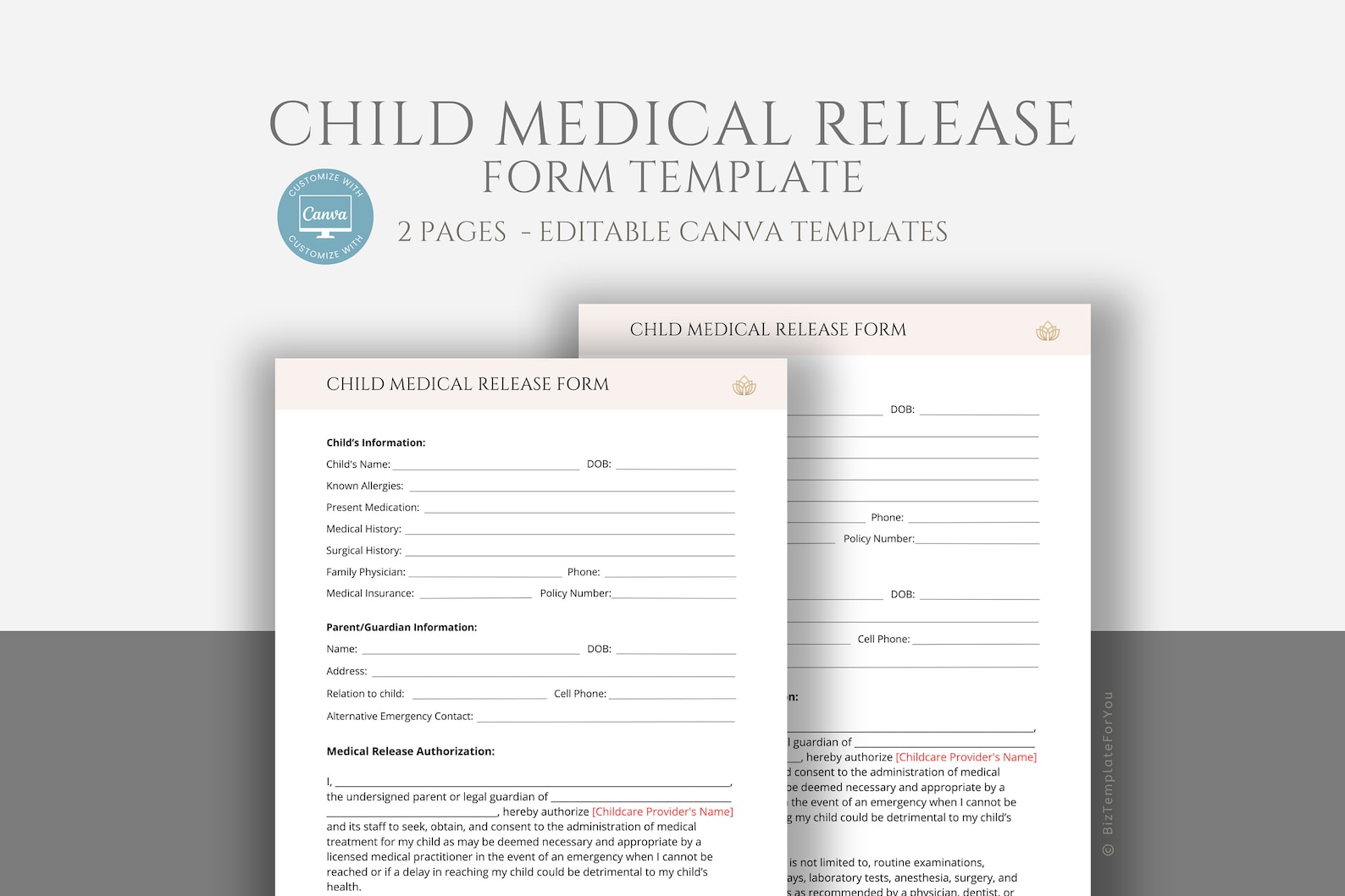 Editable Child Medical Release Form for Childcare Service Providers ...