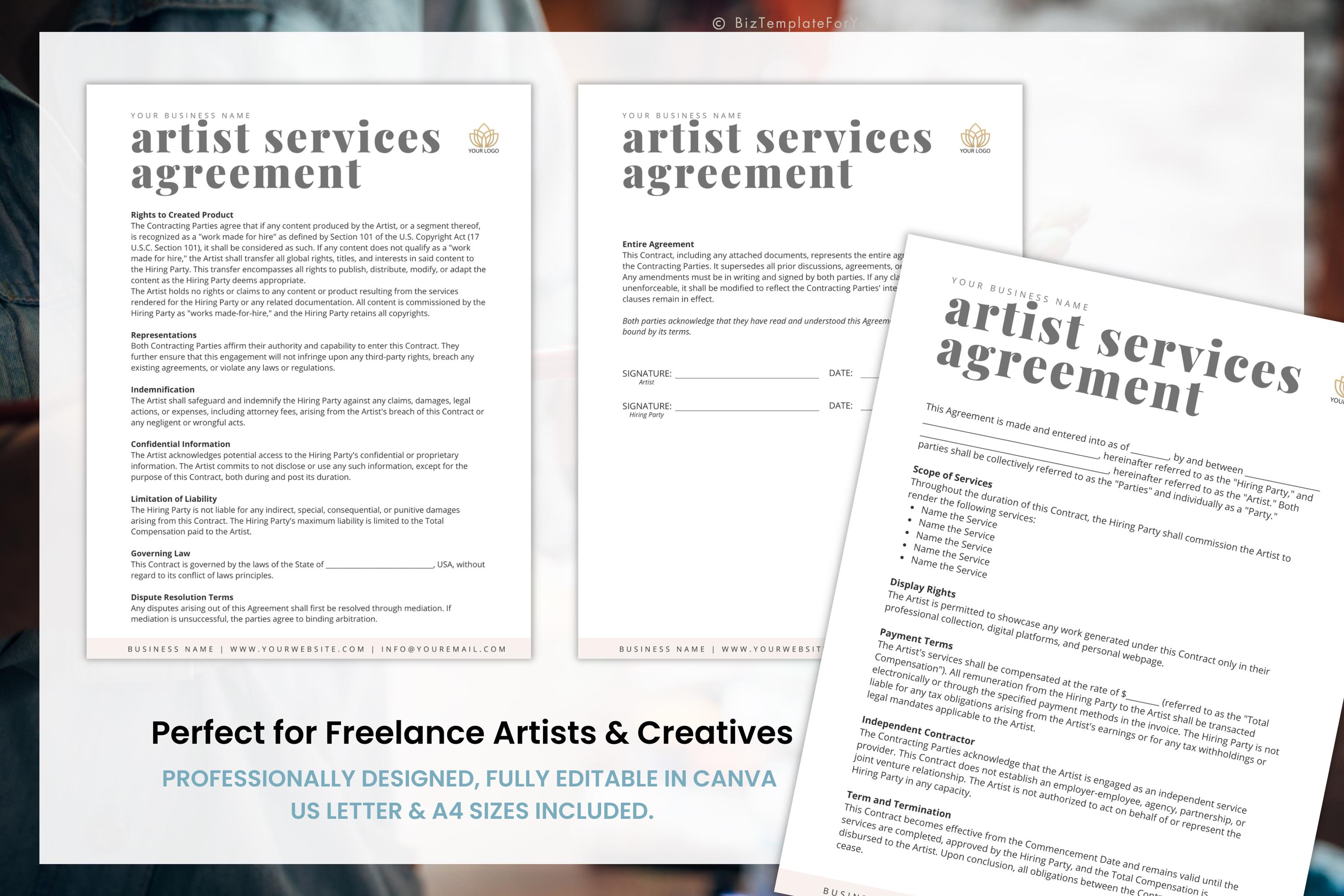 Artist Contract Template, Agreement for Freelance Creatives, Artist ...