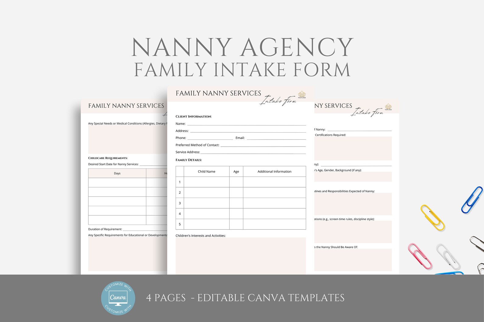 Nanny Agency Family Intake Form Template, Editable Client Onboarding ...