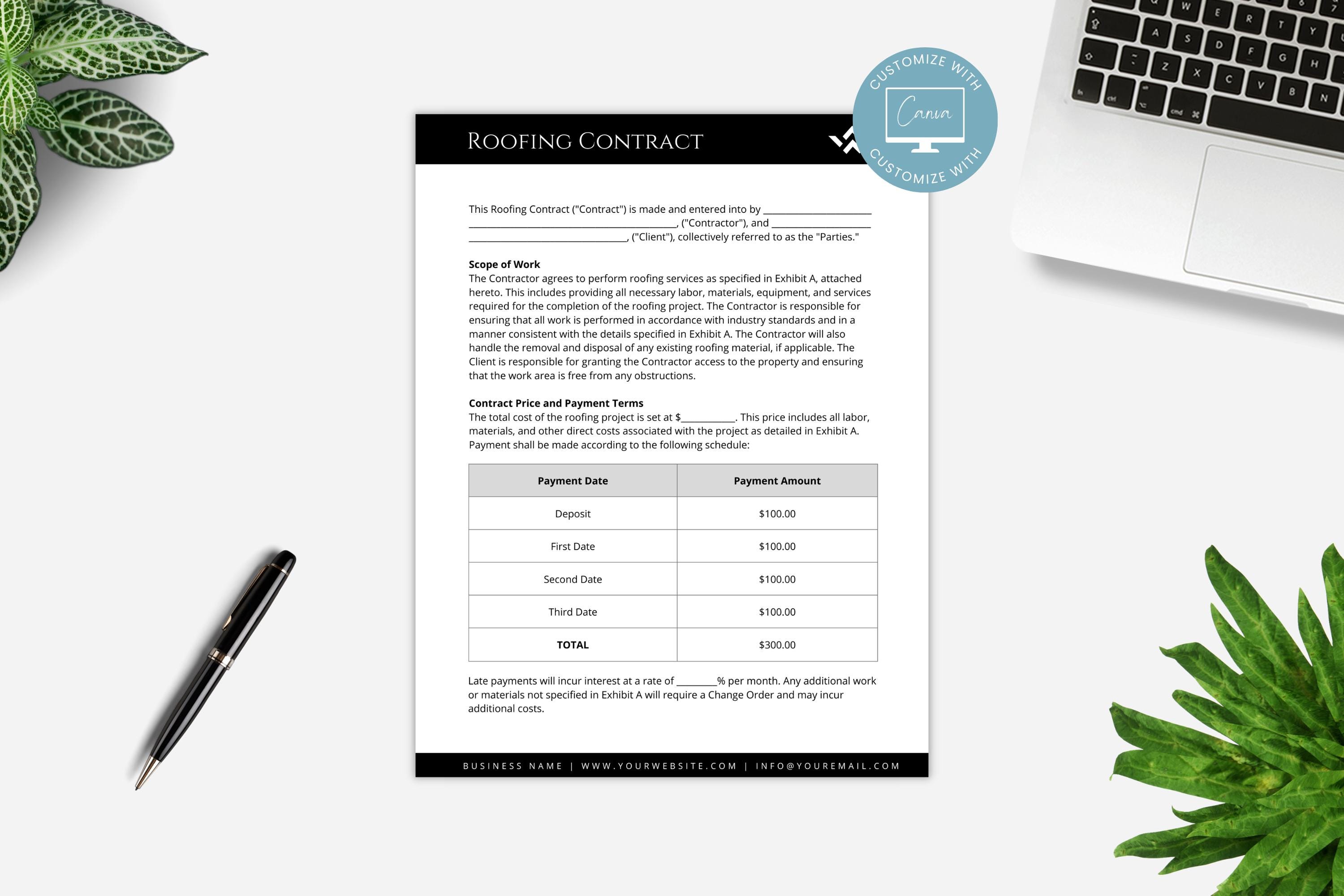 Editable Roofing Contract Template, Professional Contractor Service ...