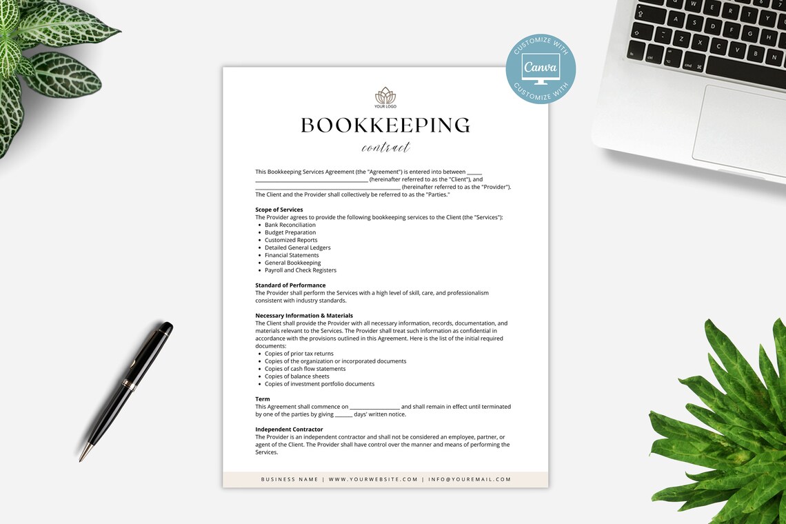 Editable Bookkeeping Services Agreement Template, Freelance Bookkeeper ...