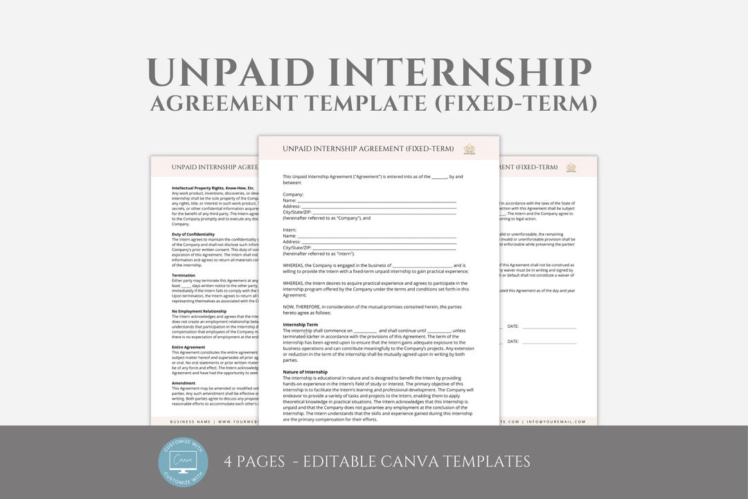 Editable Unpaid Internship Agreement (fixed-term) Template, Internship ...