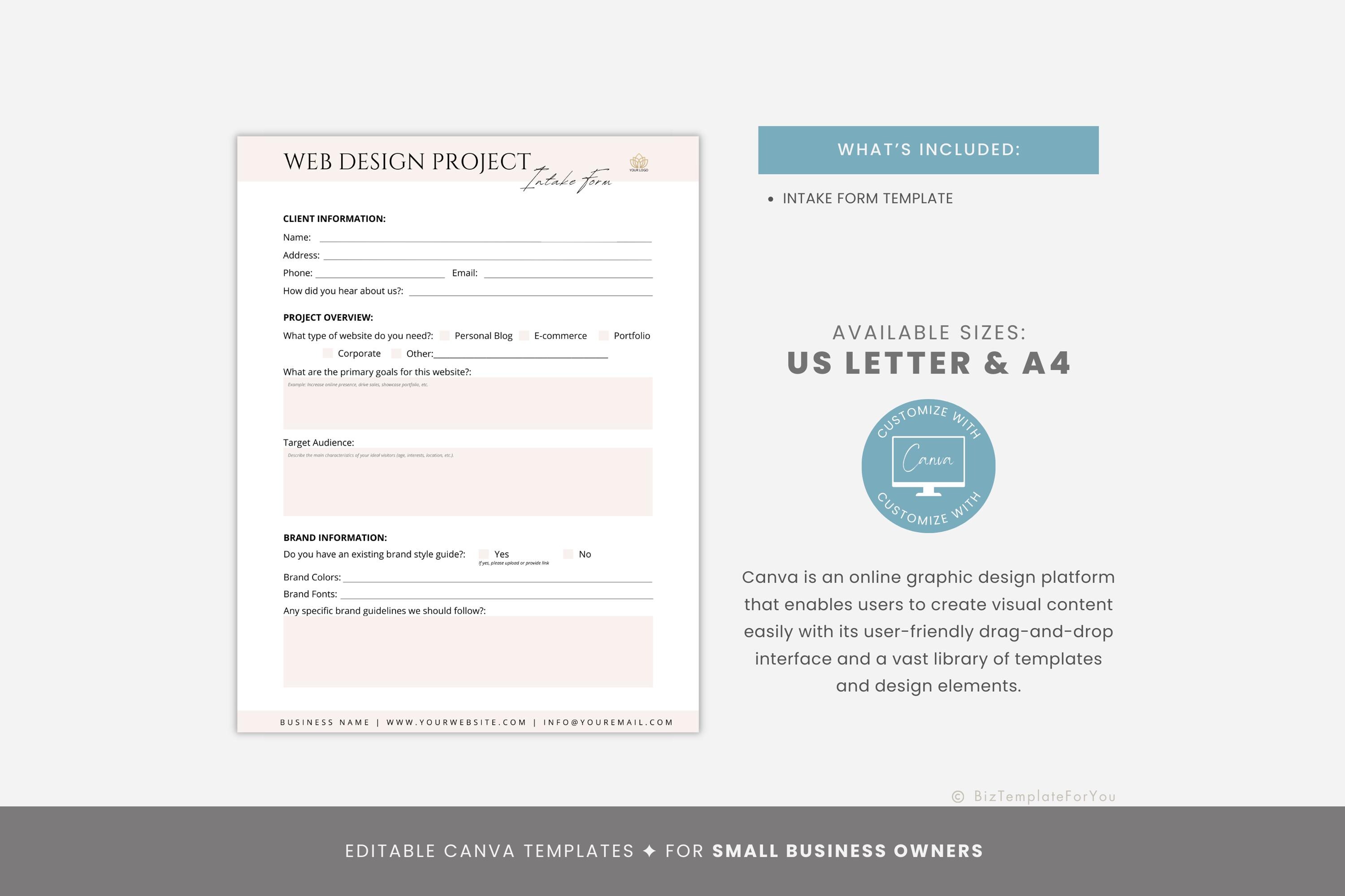 Editable Web Design Project Intake Form Template, Freelance Website ...