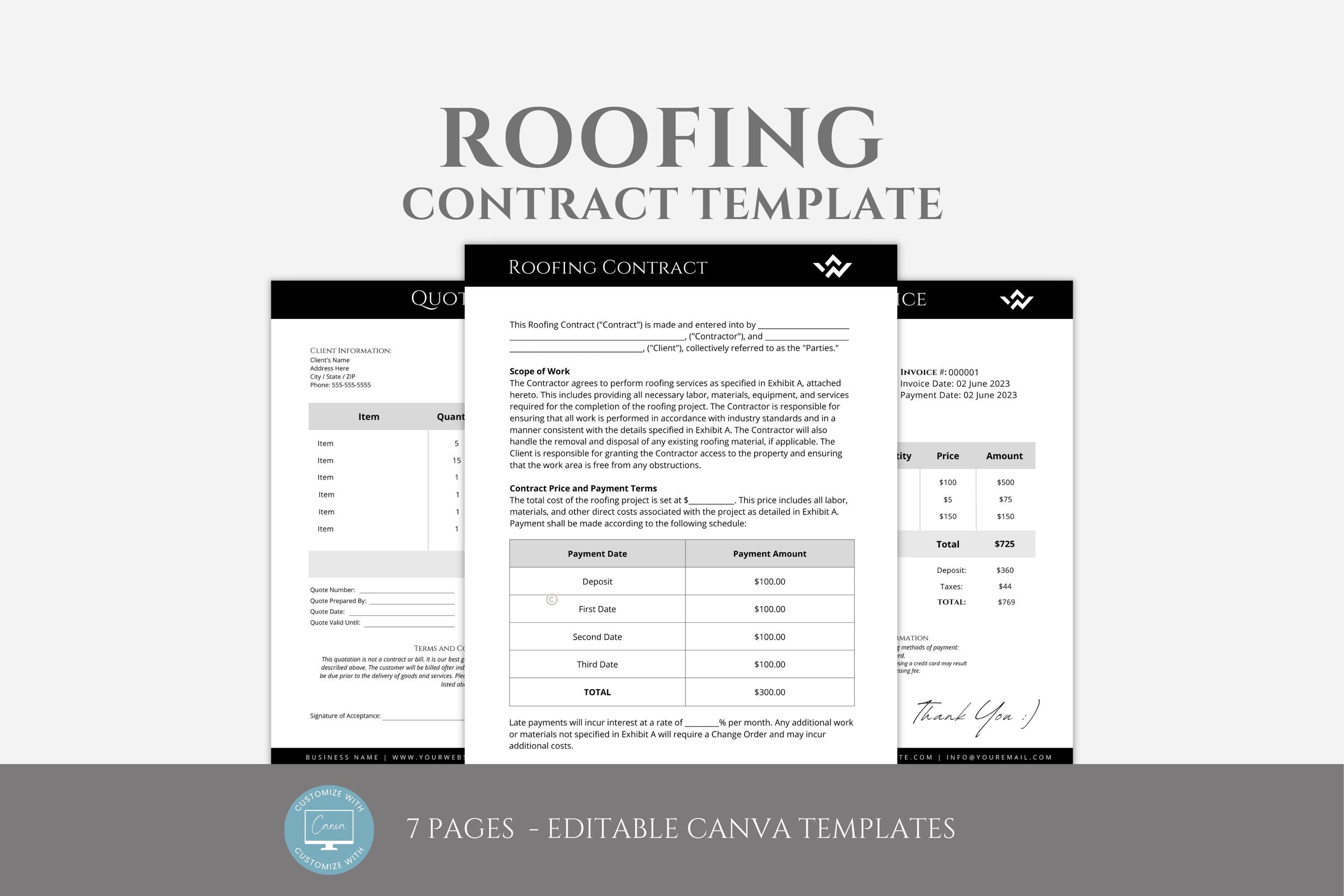 Editable Roofing Contract Template, Professional Contractor Service ...