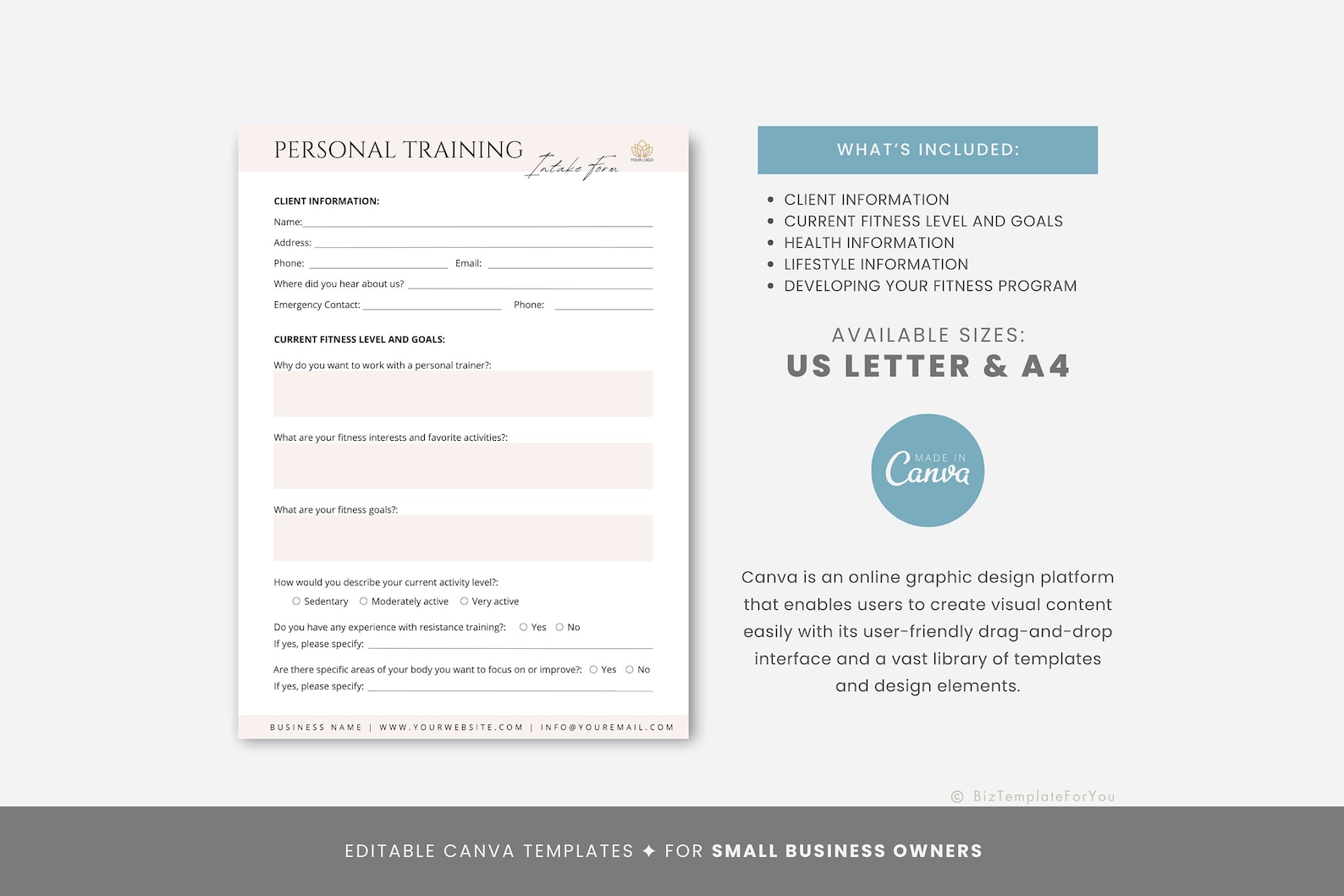 Editable Personal Trainer Client Intake Form, Personal Training ...