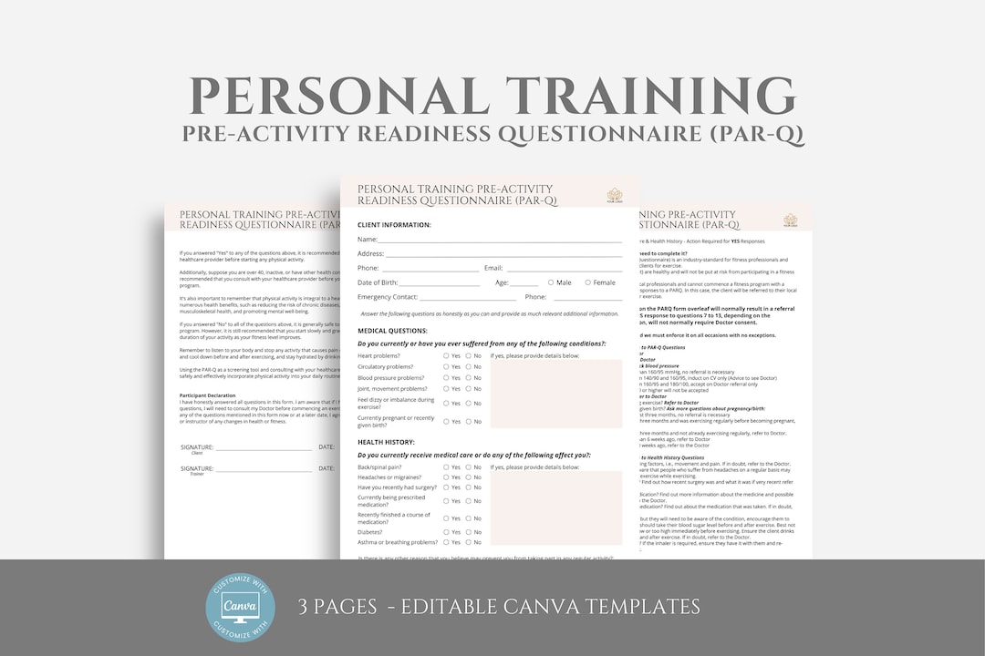 Editable Personal Trainer Pre-activity Readiness Questionnaire (PAR-Q ...