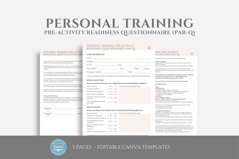 Editable Personal Trainer Pre-activity Readiness Questionnaire (PAR-Q ...