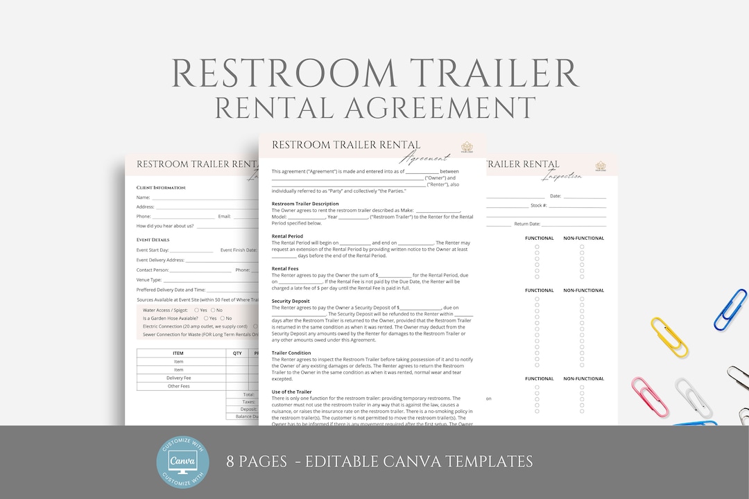 Editable Restroom Trailer Rental Agreement Template, Portable Toilet ...