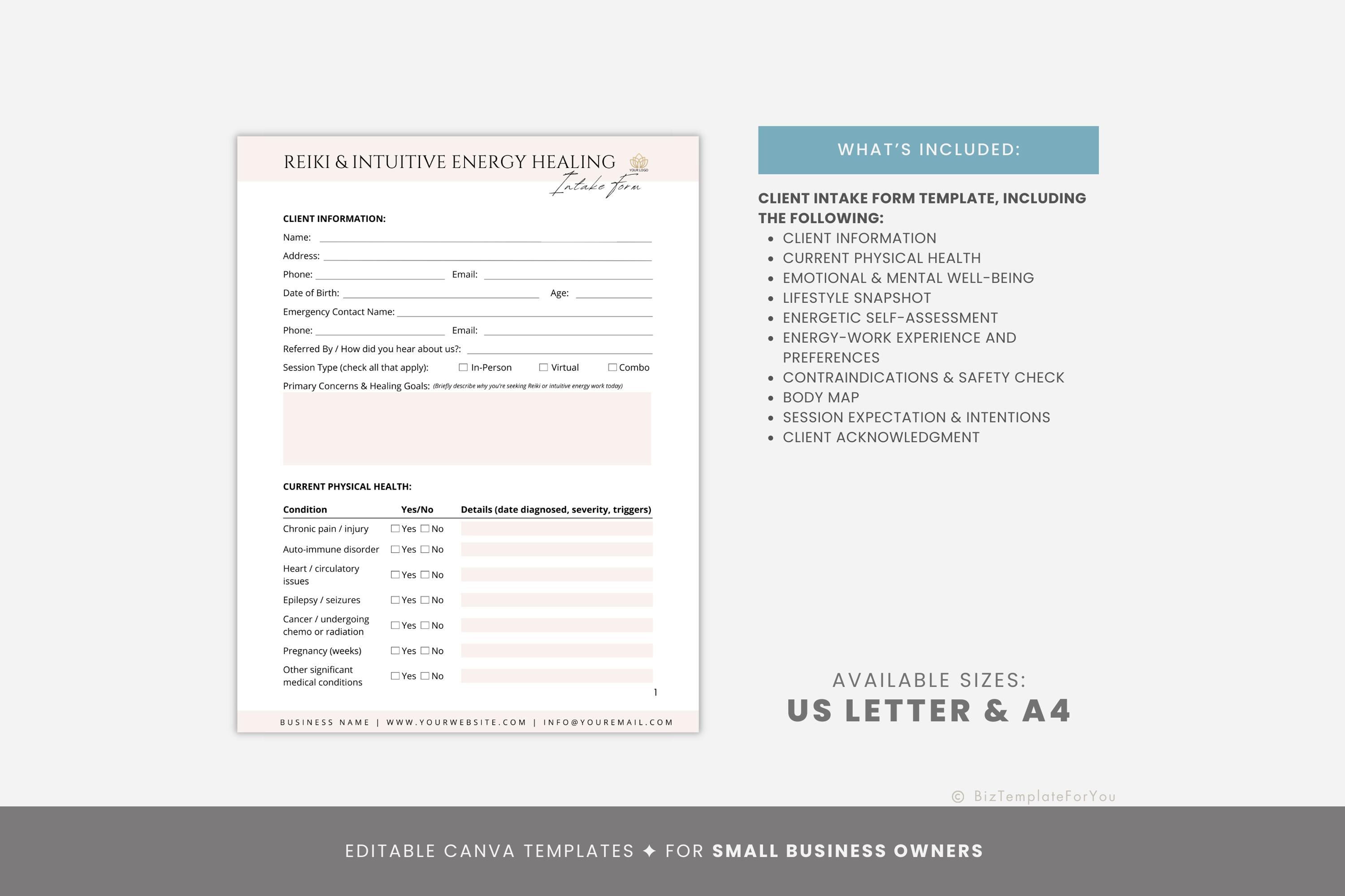 Editable Reiki Client Intake Form Template, Energy Healing ...