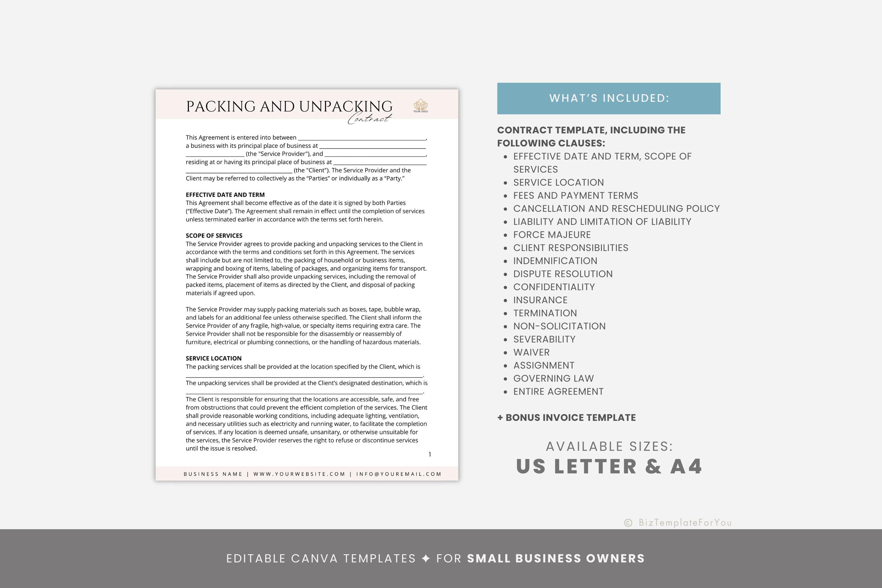 Editable Packing and Unpacking Services Contract Template, Moving ...