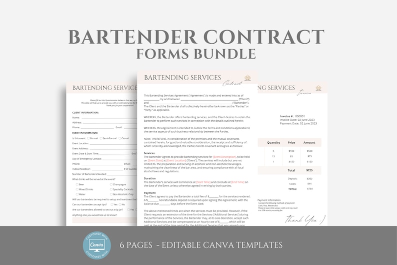 Editable Bartender Contract Template, Bartending Service Agreement ...