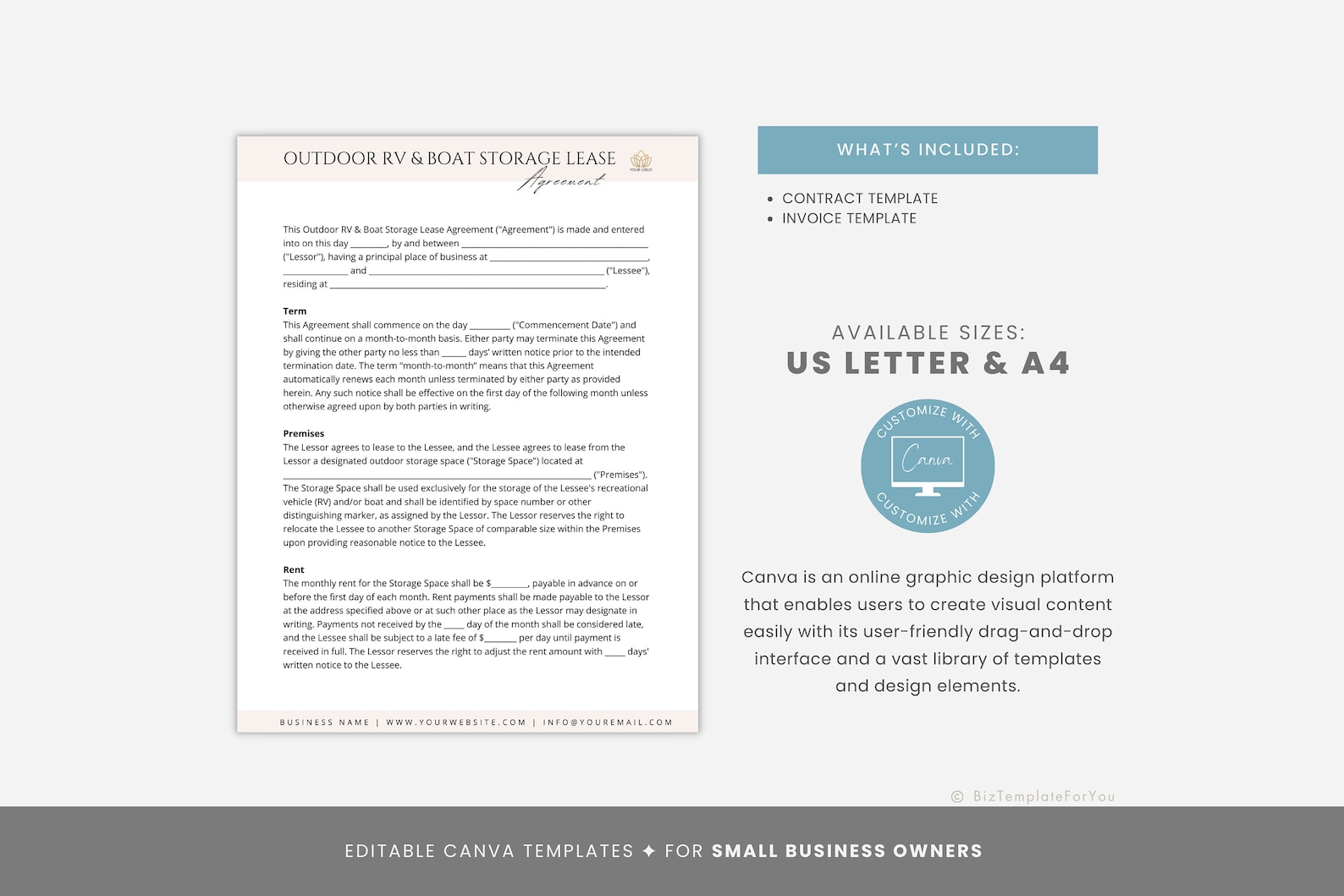 Editable Outdoor RV & Boat Storage Lease Agreement, Storage Space Lease ...