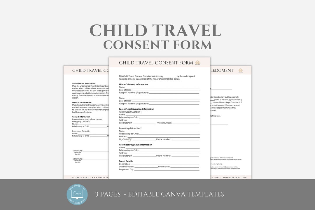Editable Child Travel Consent Form, Minor Travel Consent Form, Child ...