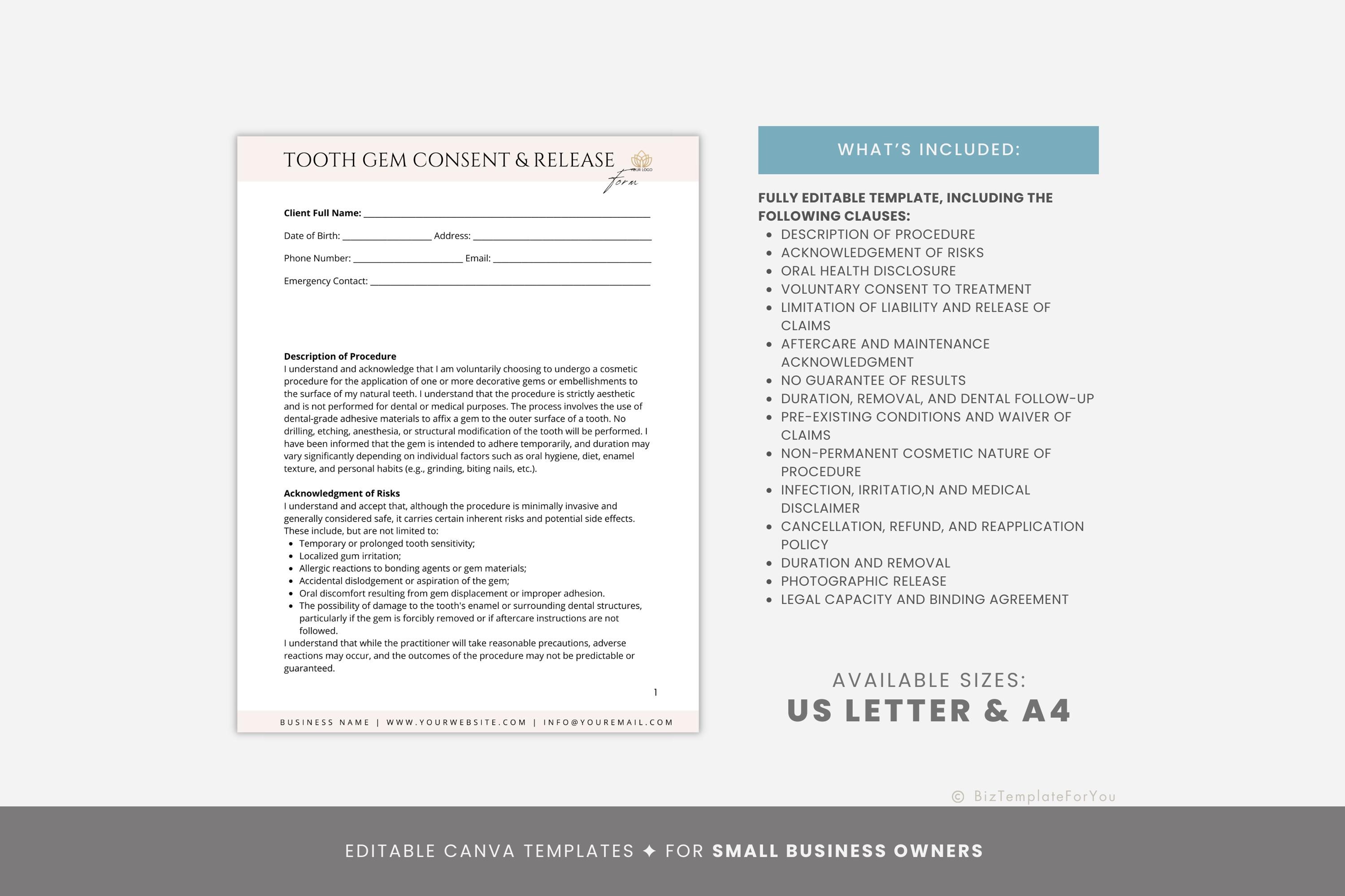 Editable Tooth Gem Consent Form Template, Esthetician Informed Consent ...