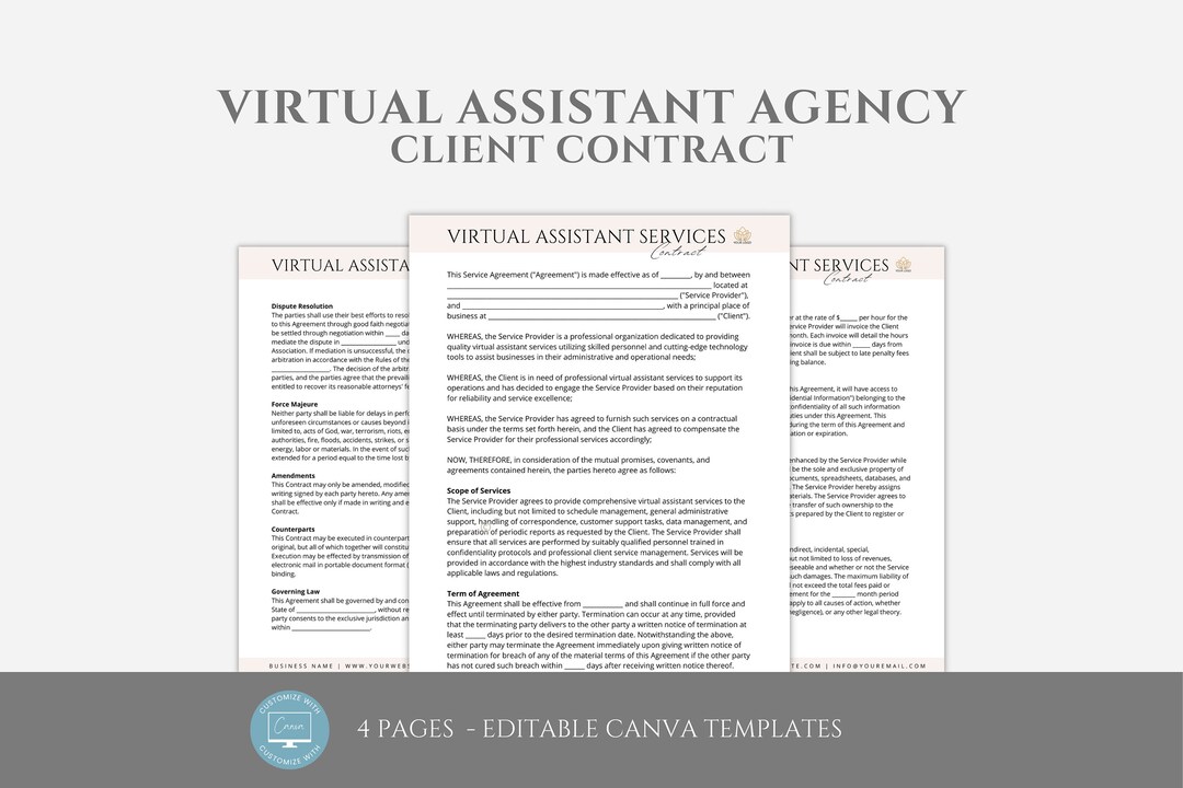 Editable Virtual Assistant Agency Client Contract Template, Service Agreement Between the Agency ...