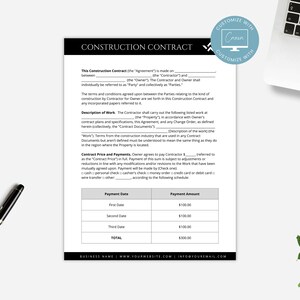 Editable Construction Contract Template, Professional Construction ...