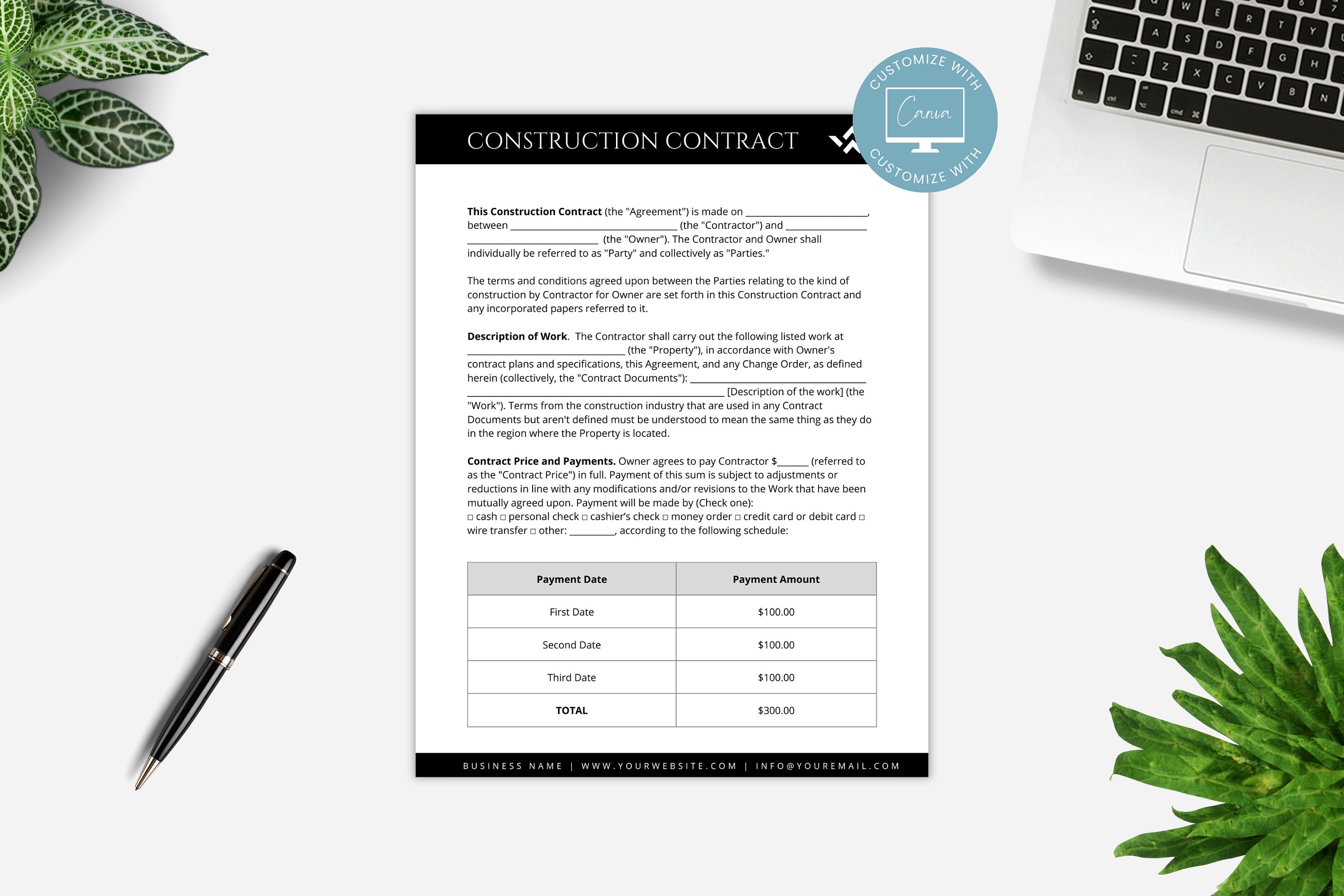 Editable Construction Contract Template, Professional Construction ...