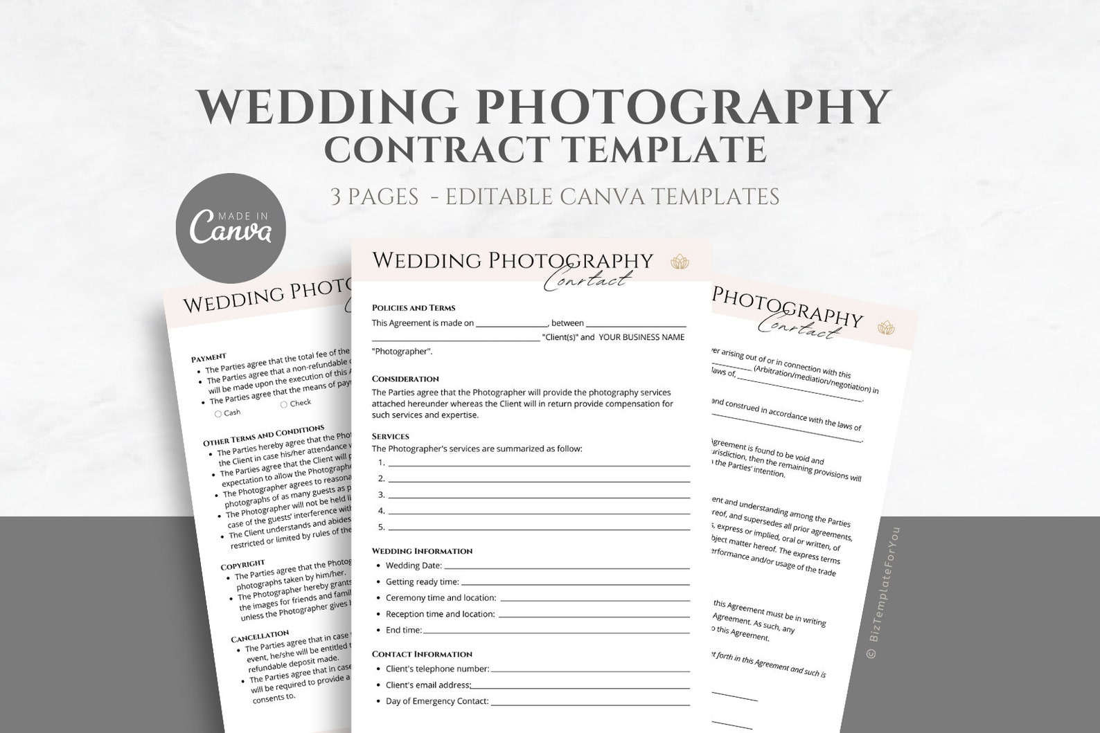 Editable Wedding Photography Contract Template Professional - Etsy