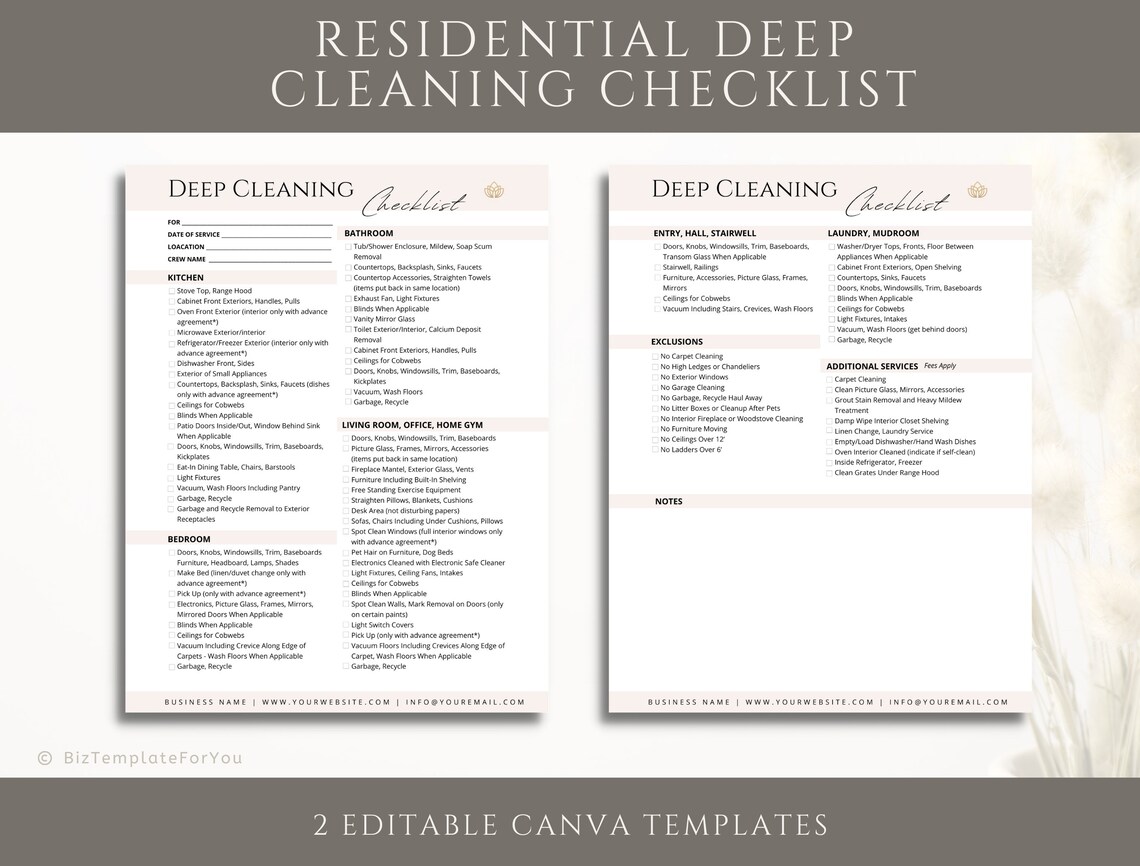 Residential Deep Cleaning Checklist Editable House Cleaning - Etsy