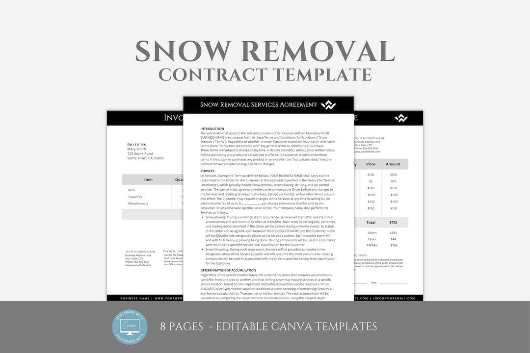 Editable Snow Removal Contract Template, Professional Snow Plow ...