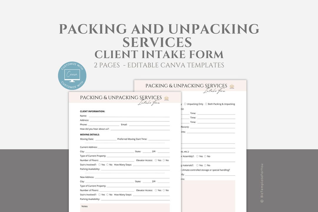 Editable Packing and Unpacking Client Intake Form Template, Moving ...