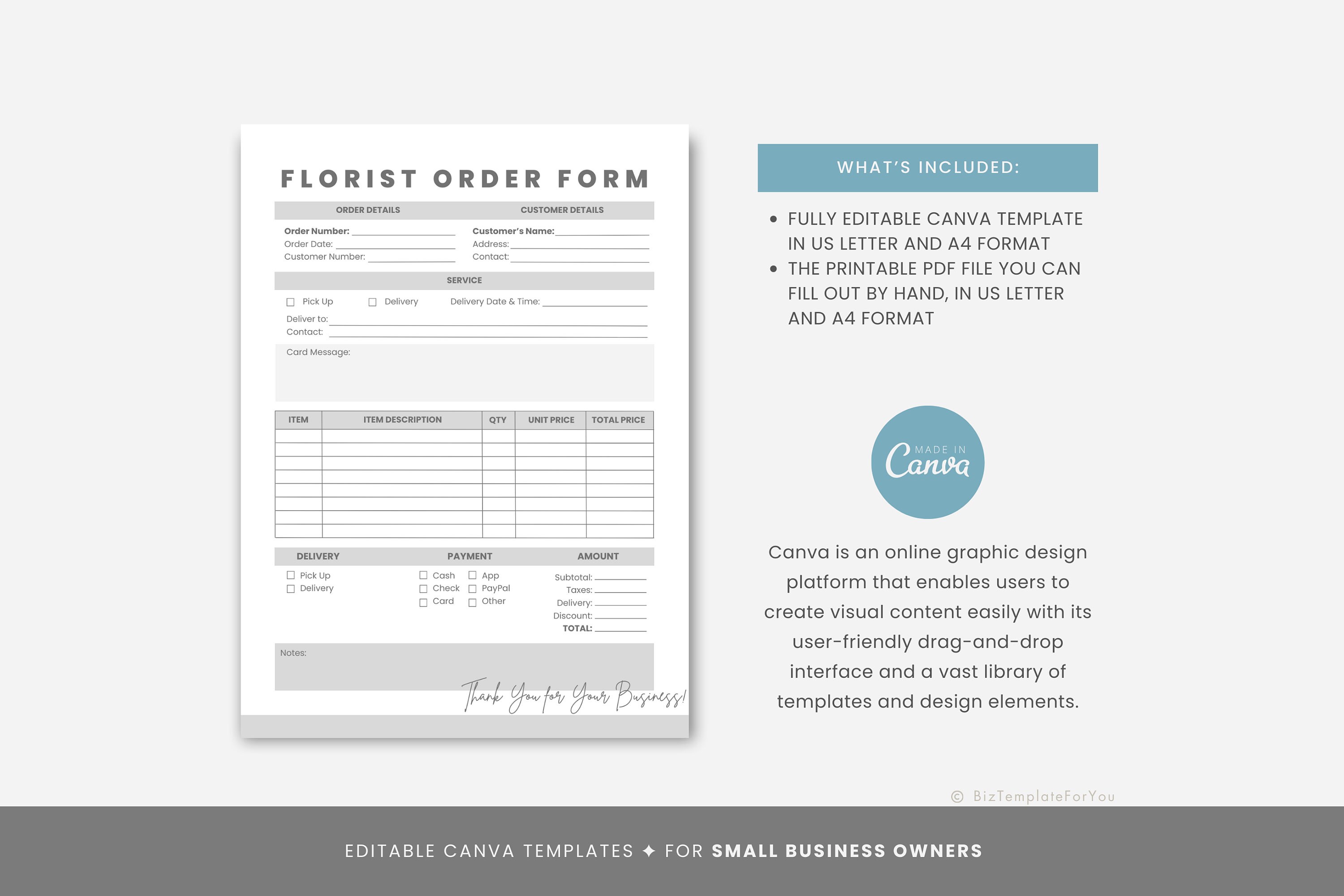 Editable Florist Order Form Template, Flower Arrangements Service Order ...