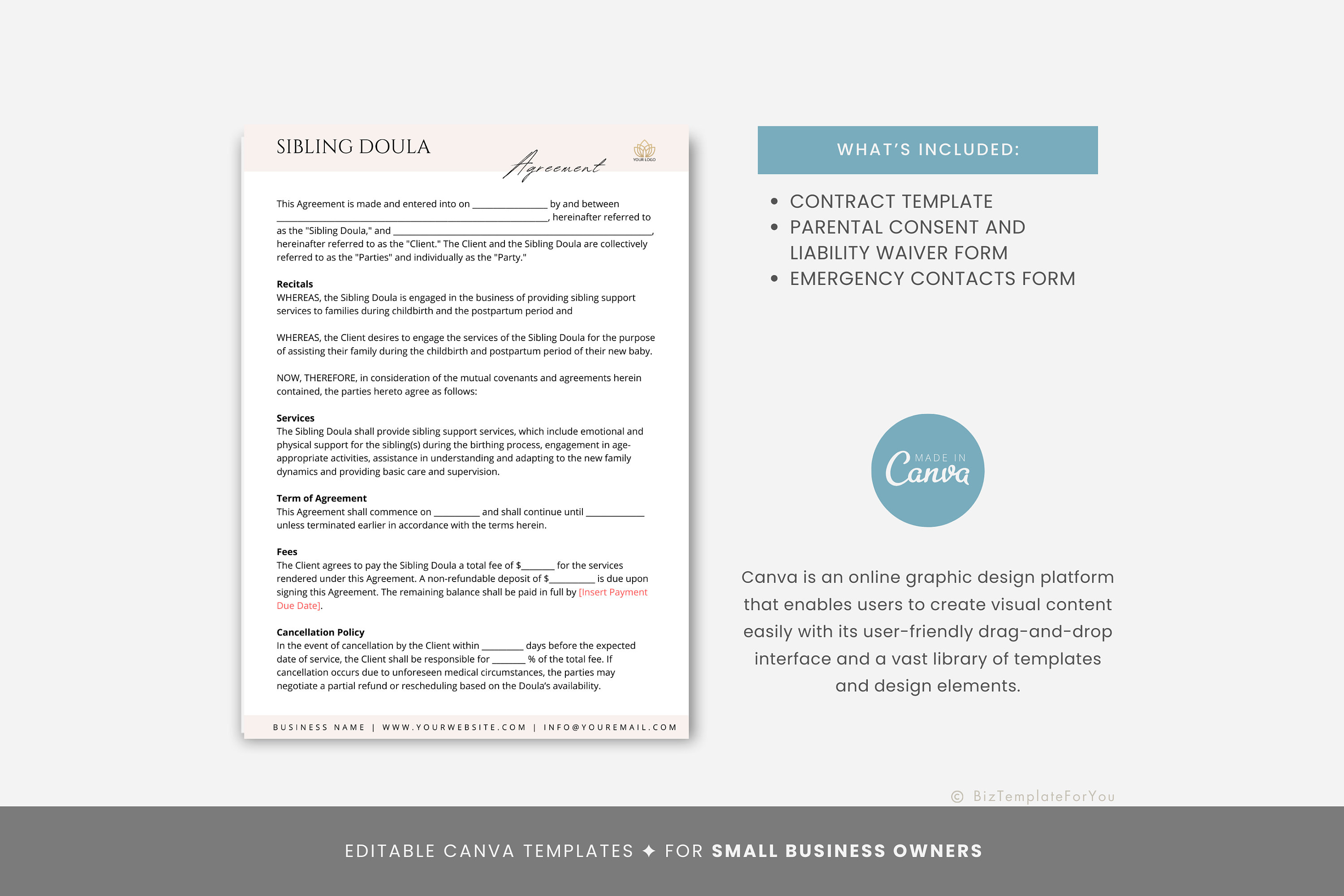 Editable Sibling Doula Contract Template, Doula Service Agreement ...